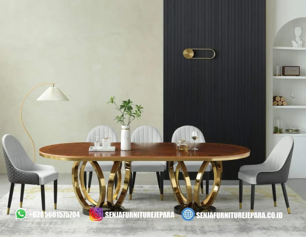 Meja Makan Marmer Oval Panjang 8 Kursi Luxury Gold
